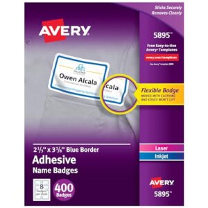 avery flexible printable name tags, 2-1/3" x 3-3/8", white with blue border, 400 removable name badges (05895)