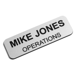 custom engraved name tag badges – personalized identification with pin or magnetic backing, 1 inch x 3 inches, silver/black