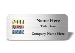 custom name tag with logo - personalized name badge with magnet backing - choose your size and color (silver metal 3"x1.25" - logo on left)