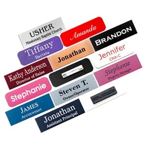 custom engraved name badges with pin or magnet backing - durable personalized acrylic name tag with 15 font options and 21 color options, 1" x 3", custom engraving services - 1 tag