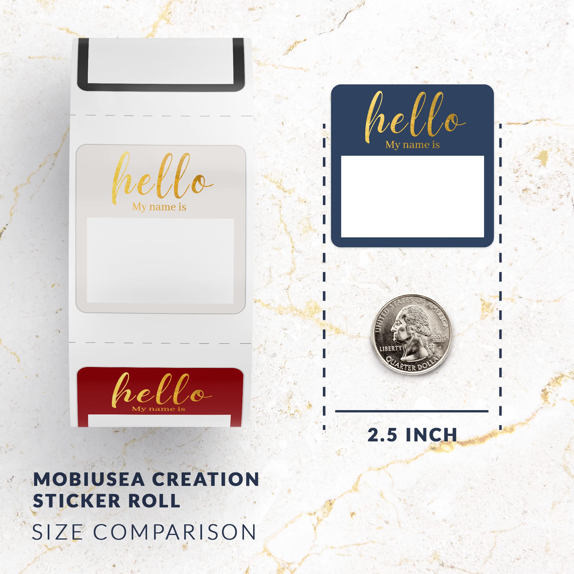 Mobiusea Creation Hello My Name is Name Tag | Gold Foil | Perforated 2.5 x 2.5 Inch Large Name Labels Roll | Black, Blue, Red and Grey |100pcs Name Stickers Name Badge for Business and Conference