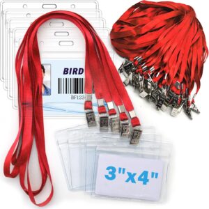 4x3 name tags badge holder with lanyard 50 pack waterproof horizontal id badge holder and 50 pcs lanyards nametag for conferences, events, and meetings (red, 4 x 3 inches)