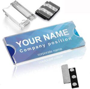 magnetic name tags kit, magnetic badge holders w/ 3 strong neodymium magnets, 3m adhesive tape, clear acrylic mini sign display holder and printable name label, business name tag/id badge set of 10