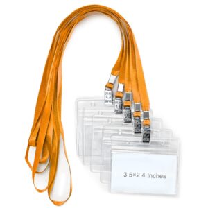 50 pack clear plastic horizontal name tag badge holder and 50 pack orange lanyard waterproof name tag holder with lanyard for adults kids office school