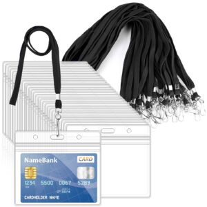 30pcs clear plastic horizontal name tags badge id card holders and 30pcs black flat neck lanyards with swivel hook