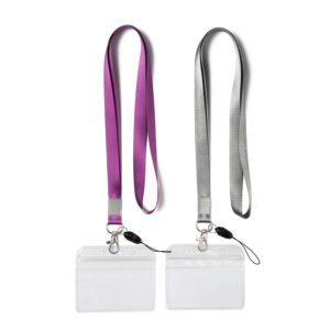 youowo 2 pack id badge holders with purple lanyards office neck strings strap grey lanyard with horizontal heavy duty id holder pvc name tag card holder waterproof resealable clear plastic