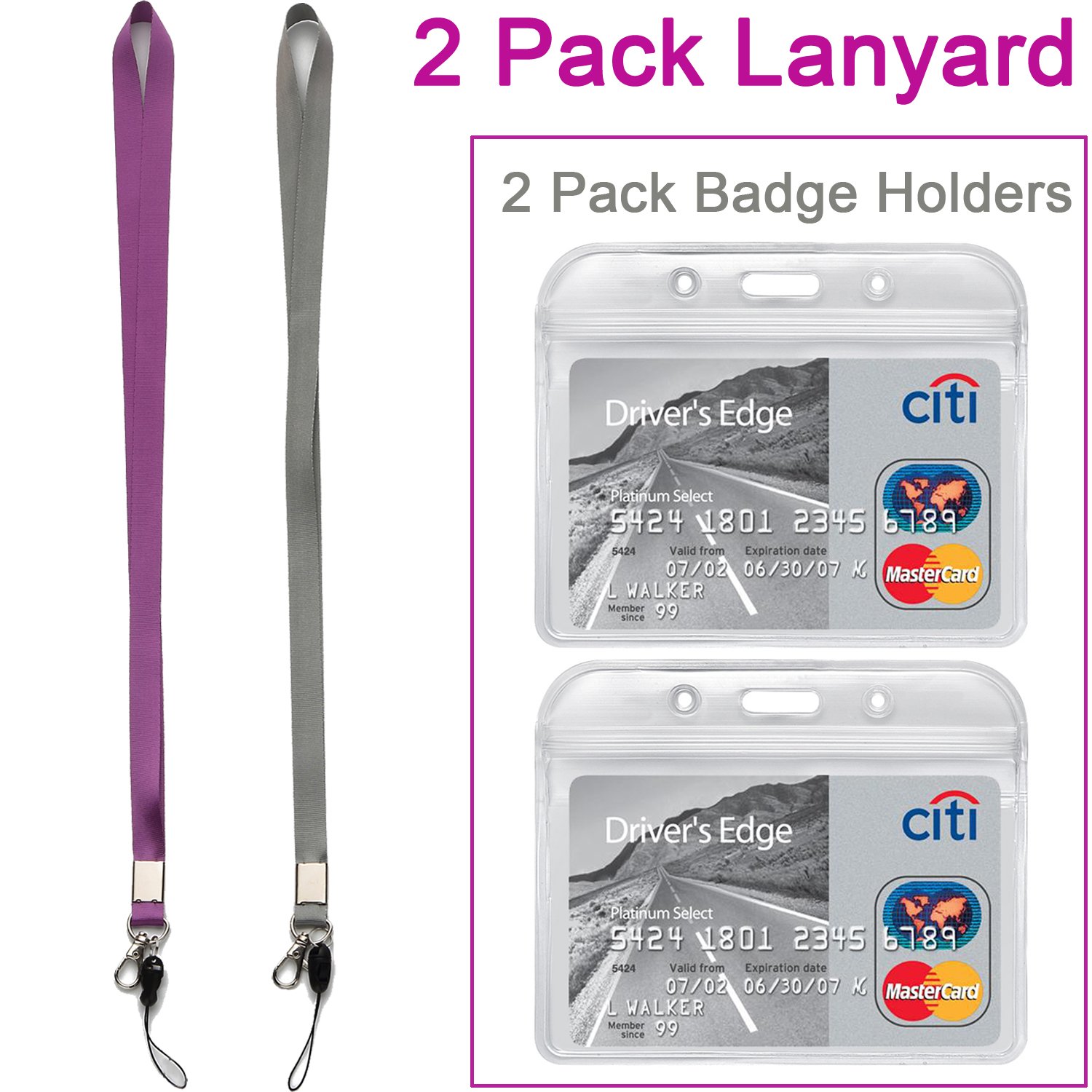 YOUOWO 2 Pack ID Badge Holders with Purple Lanyards Office Neck Strings Strap Grey Lanyard with Horizontal Heavy Duty id Holder PVC Name Tag Card Holder Waterproof Resealable Clear Plastic