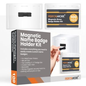 performore 100 pack of magnetic name badge holder kit with paper inserts - 4 x3 horizontal id card name tag for conventions/exhibitors- can be use as vaccine card holder for cdc immunization record