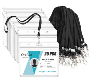 25pcs clear plastic horizontal name tags badge id card holders and 25pcs flat neck lanyards, black