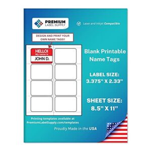 premium label supply blank printable name tag stickers - 2-1/3" x 3-3/8" - laser/inkjet compatible – (8 labels/sheet), 25 sheets – 200 total adhesive name tags