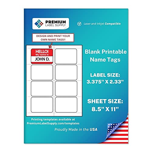 Premium Label Supply Blank Printable Name Tag Stickers - 2-1/3" x 3-3/8" - Laser/Inkjet Compatible – (8 Labels/Sheet), 25 Sheets – 200 Total Adhesive Name Tags