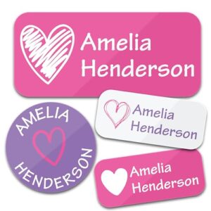 bunny badges personalized daycare name labels (130 labels) - custom waterproof name stickers for clothing tags, water bottles, lunch boxes and school supplies (hearts)