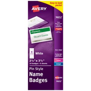 avery customizable name badges with pins, 2.25" x 3.5", clear name tag holders with white printable inserts, 24 pin style name badges (74652)