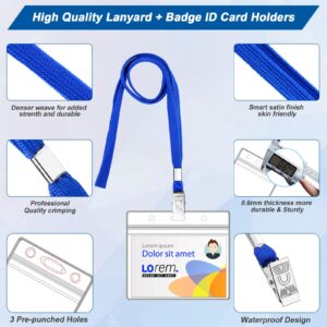 100Pcs Lanyards for Id Badges and 100 Pcs Clear Plastic Horizontal Name Badge ID Card Holders, Flat Neck Lanyards with Clip Waterproof Resealable Name Tag Badge ID Card Holders, Blue