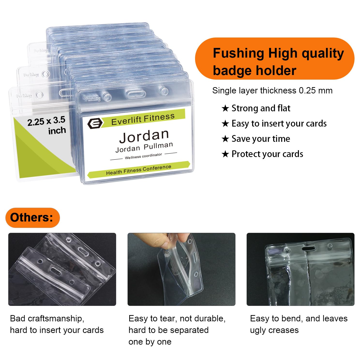 Fushing 200 Pcs Clear Plastic Horizontal Name Tag Badge ID Card Holders