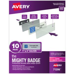 the mighty badge by avery, 1" x 3" silver name tags, 10 id badges, 80 inserts for laser printers (71206)