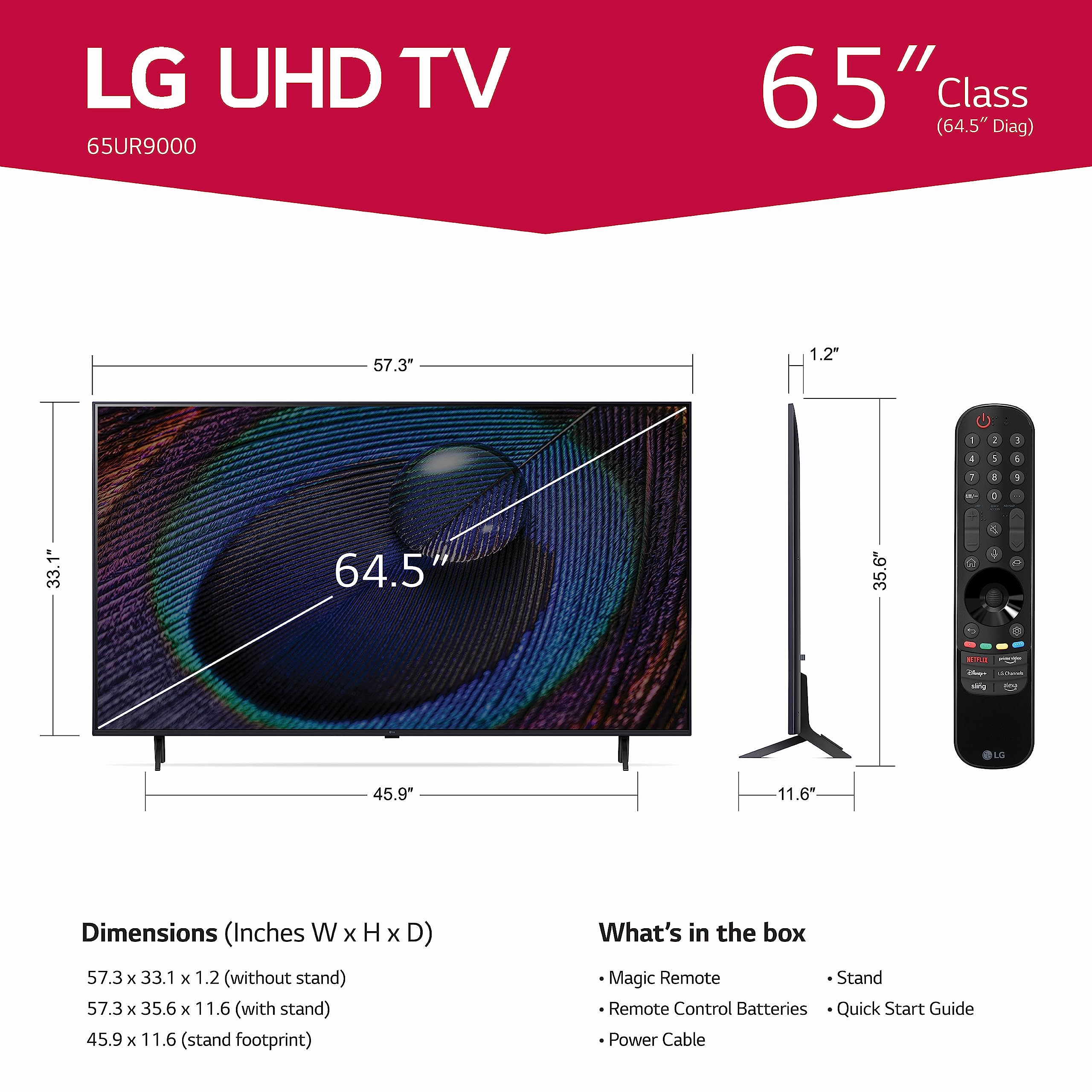 LG 65-Inch Class UR9000 Series Alexa Built-in 4K Smart TV (3840 x 2160),Bluetooth, Wi-Fi, USB, Ethernet, HDMI 60Hz Refresh Rate, AI-Powered 4K