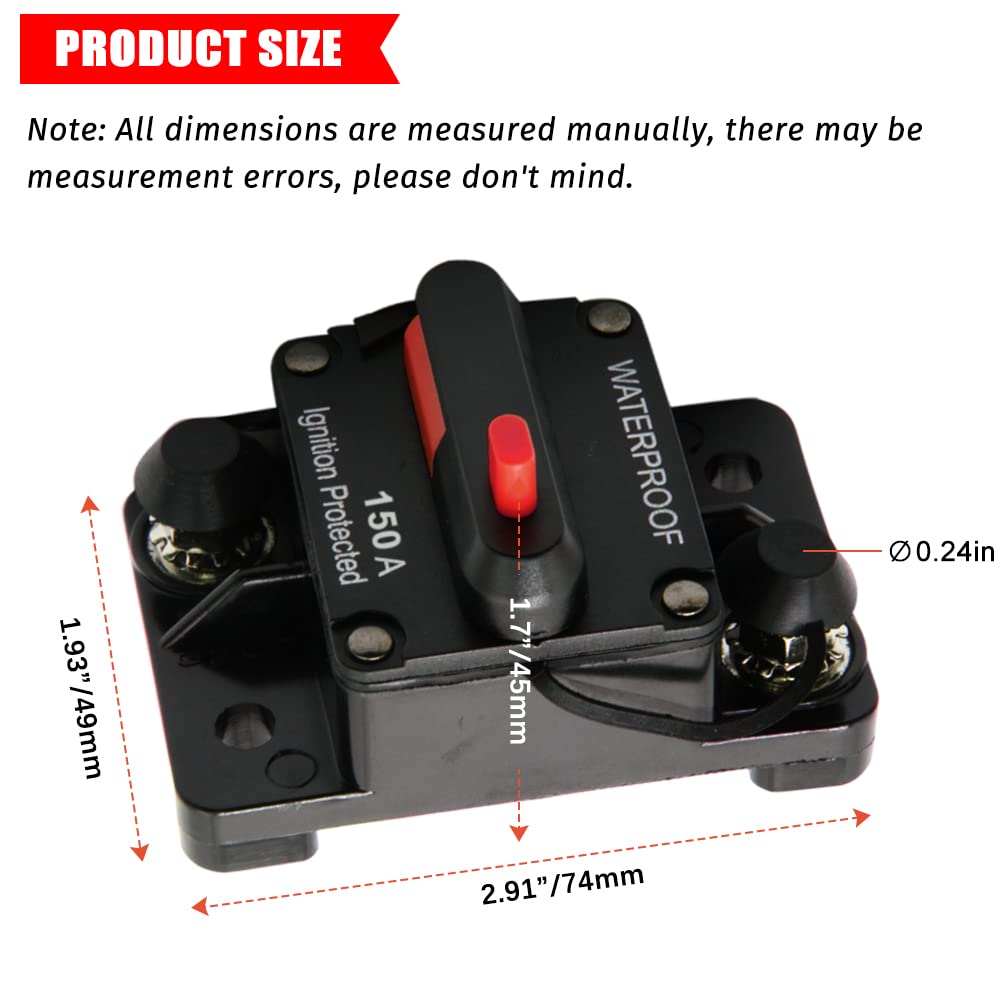 150Amp Circuit Breaker Manual Resettable Waterproof Inline Fuse Inverter 0-8 Gauge for Automotive Rv Marine Motors Power Protect 12V-48Volt DC