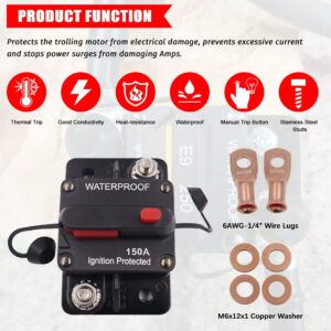 150Amp Circuit Breaker Manual Resettable Waterproof Inline Fuse Inverter 0-8 Gauge for Automotive Rv Marine Motors Power Protect 12V-48Volt DC