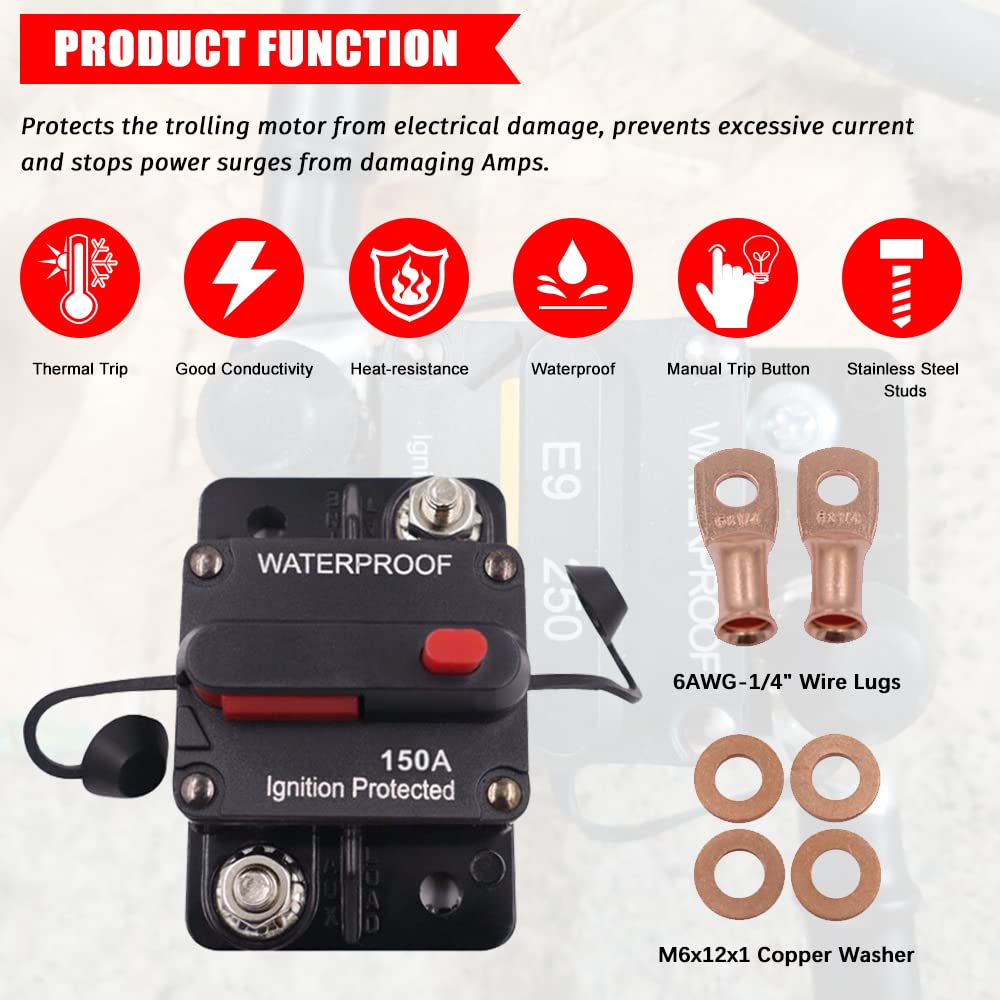 150Amp Circuit Breaker Manual Resettable Waterproof Inline Fuse Inverter 0-8 Gauge for Automotive Rv Marine Motors Power Protect 12V-48Volt DC