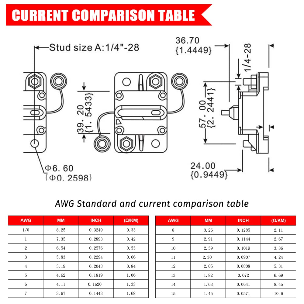 150Amp Circuit Breaker Manual Resettable Waterproof Inline Fuse Inverter 0-8 Gauge for Automotive Rv Marine Motors Power Protect 12V-48Volt DC