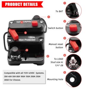 150Amp Circuit Breaker Manual Resettable Waterproof Inline Fuse Inverter 0-8 Gauge for Automotive Rv Marine Motors Power Protect 12V-48Volt DC