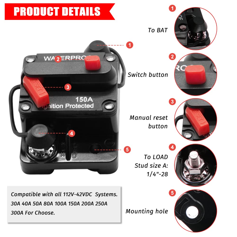 150Amp Circuit Breaker Manual Resettable Waterproof Inline Fuse Inverter 0-8 Gauge for Automotive Rv Marine Motors Power Protect 12V-48Volt DC