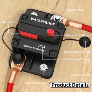 DaierTek 150 Amp Circuit Breaker 12V Marine Circuit Breaker 12 Volt DC 150A Circuit Breaker Waterproof for Boat Auto Car RV -2Pack