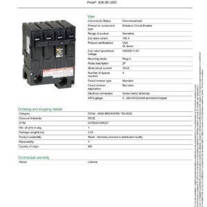 Homeline Plug-on Circuit Breaker HOM2150BB Branch 150 AMP UL Approved