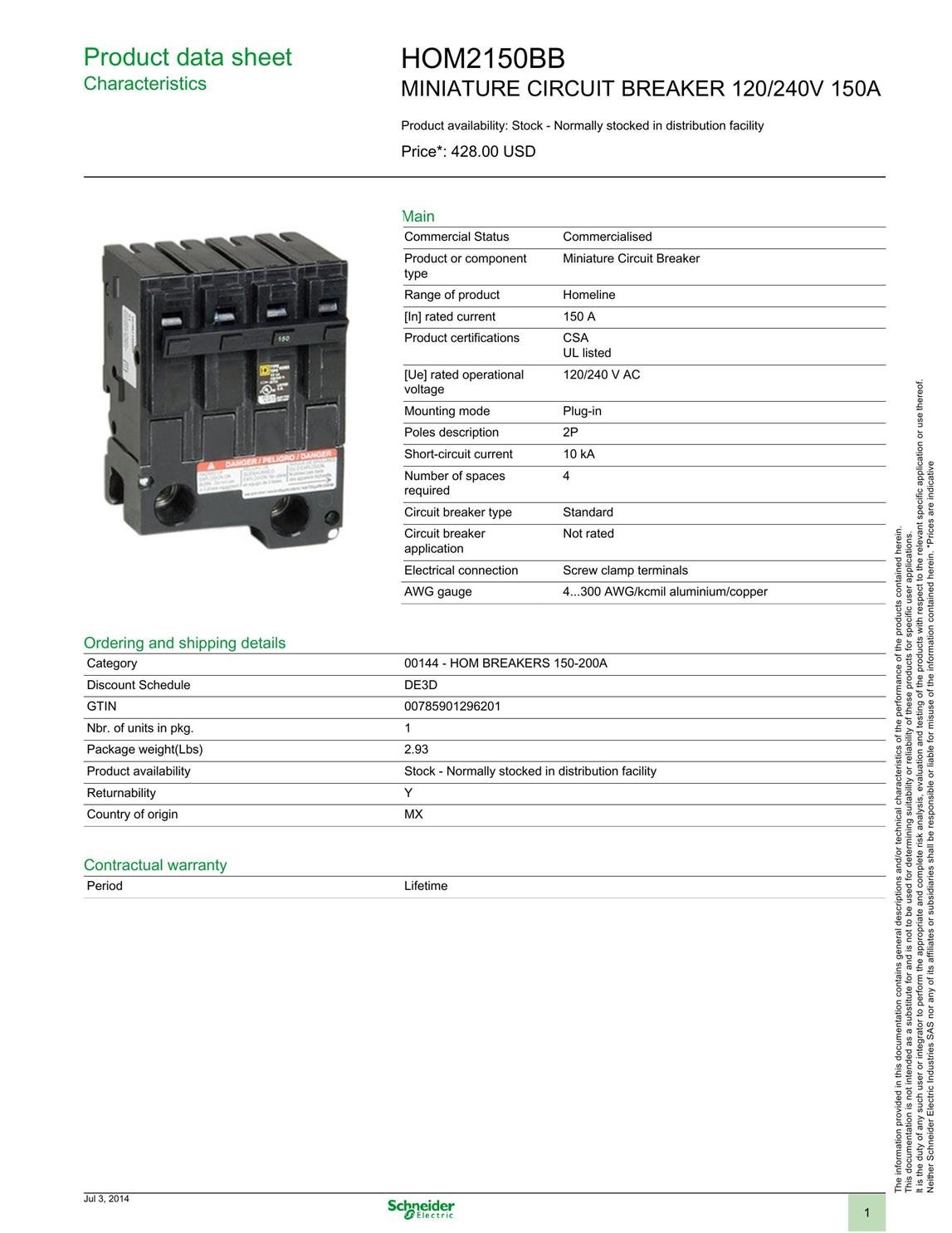 Homeline Plug-on Circuit Breaker HOM2150BB Branch 150 AMP UL Approved