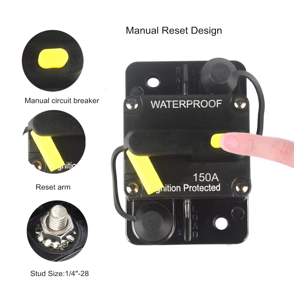 OUHL 150 Amp Circuit Breaker 12V- 48V DC Manual Reset Fuse for Trolling Motor Rv Marine Boat Vehicles System Protection Waterproof (150A)