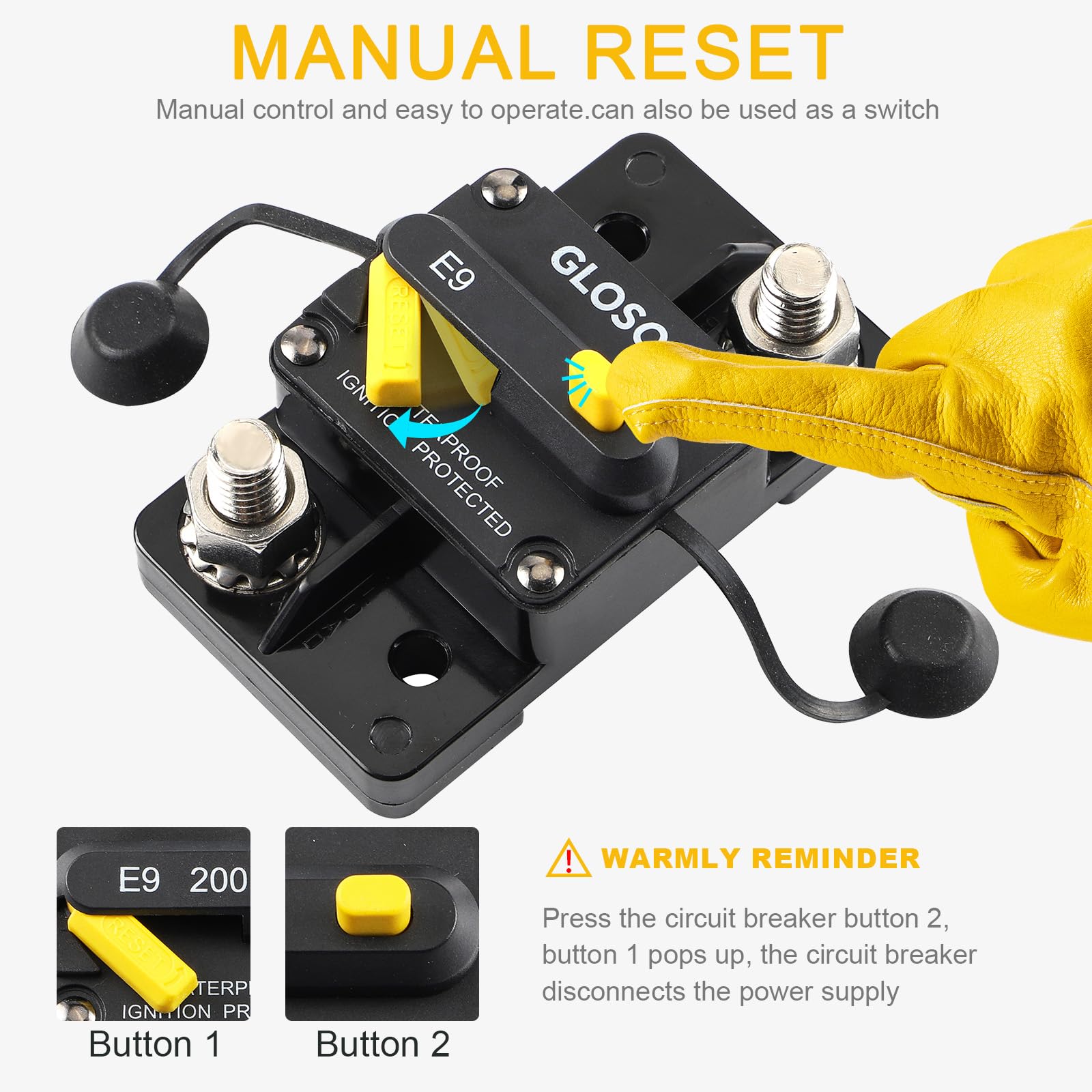 GLOSO Circuit Breaker Extended Surface Mount Hi-Amp Circuit Breaker 3/8" Diagonal Stud Waterproof IP67 Marine RV Truck (150A) E93