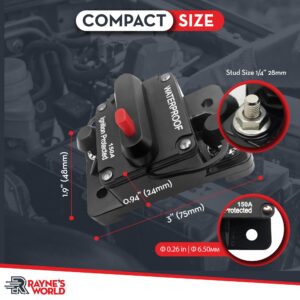 Rayne's World 150 Amp 12V-48V DC Waterproof Circuit Breaker Manual Reset - Great for Car Stereo, Solar Power Systems, Automotive, ATV, Marine, Boat Trolling Motors