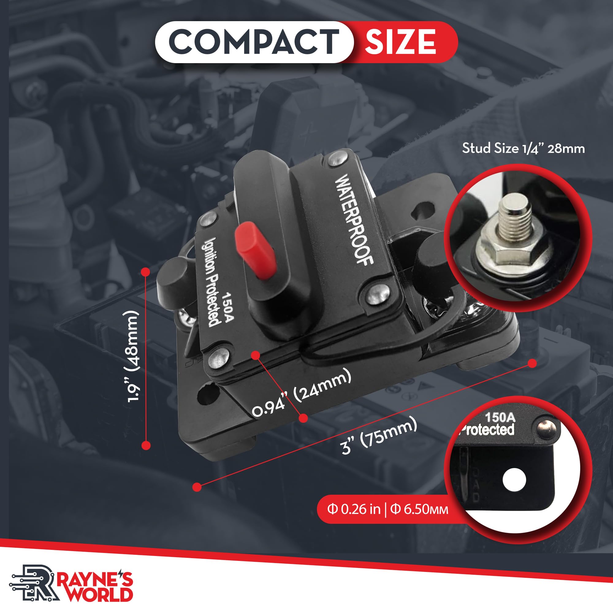 Rayne's World 150 Amp 12V-48V DC Waterproof Circuit Breaker Manual Reset - Great for Car Stereo, Solar Power Systems, Automotive, ATV, Marine, Boat Trolling Motors