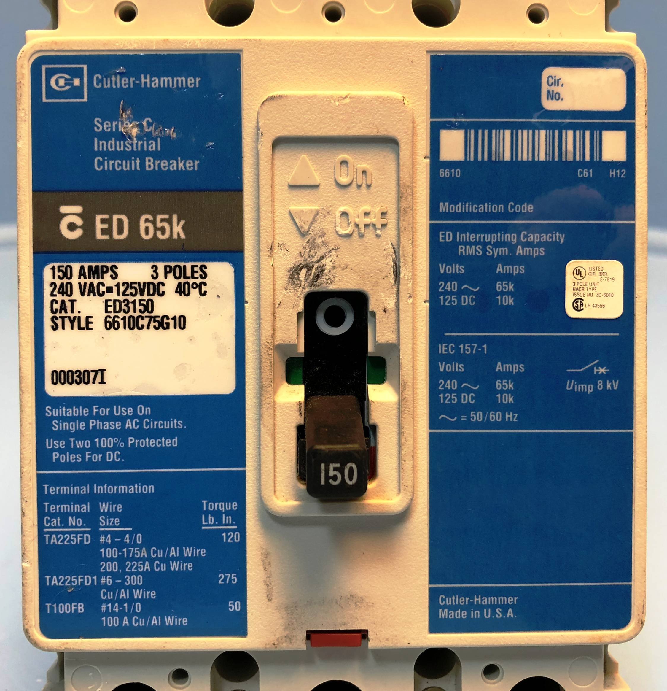 CUTLER HAMMER ED3150 240VAC, 3POLE, Circuit Breaker, 150AMP