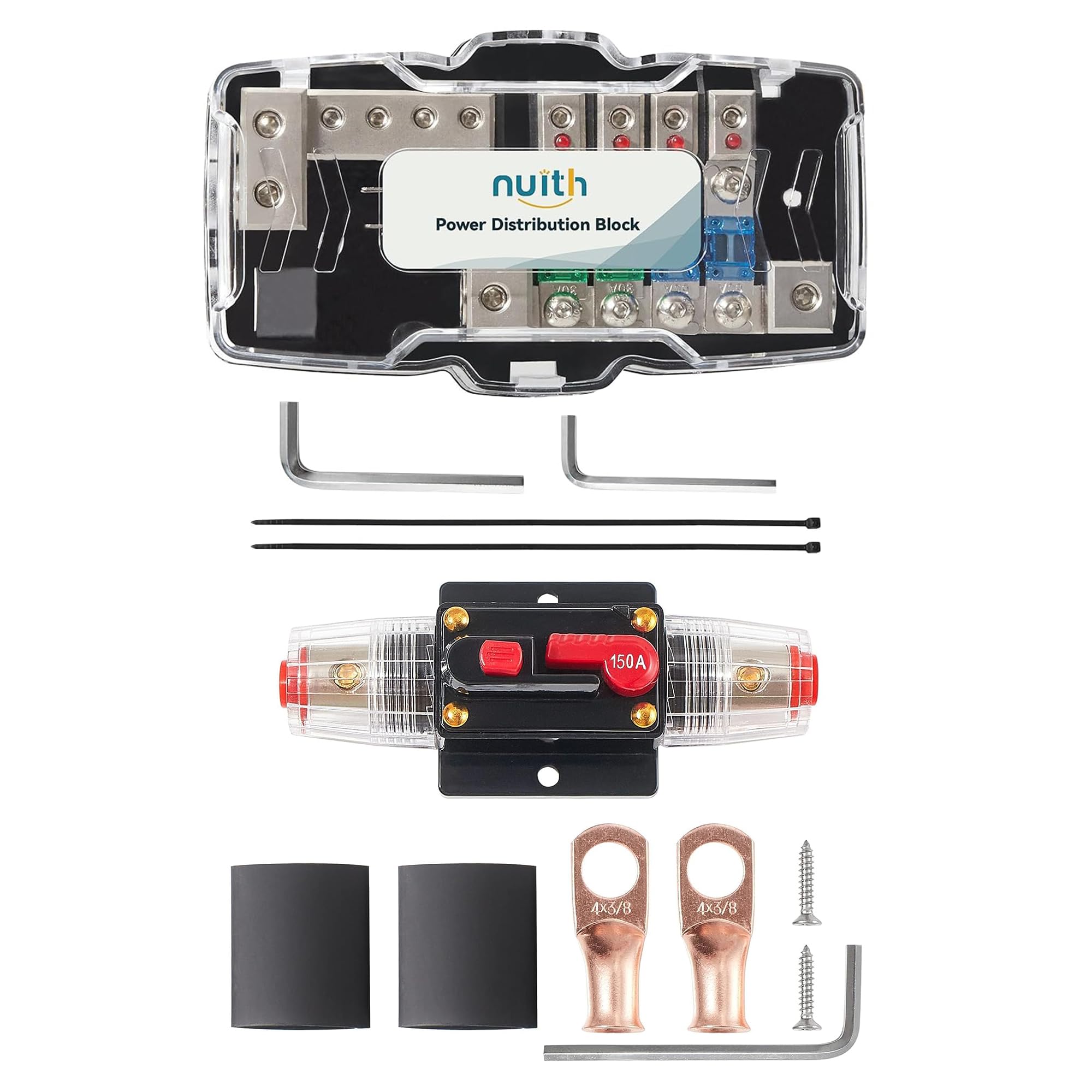 NuIth 150 AMP Car Protection Stereo Switch Fuse + 2 Way in 4 Way Out Fused Distribution Block with Red LED Indicator