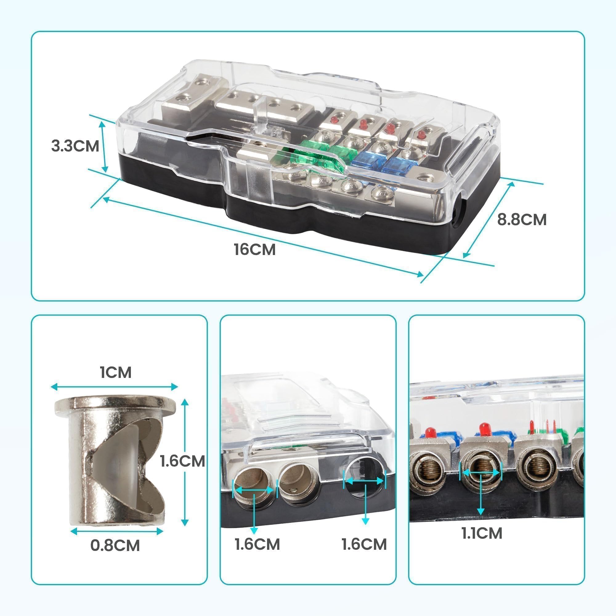 NuIth 150 AMP Car Protection Stereo Switch Fuse + 2 Way in 4 Way Out Fused Distribution Block with Red LED Indicator