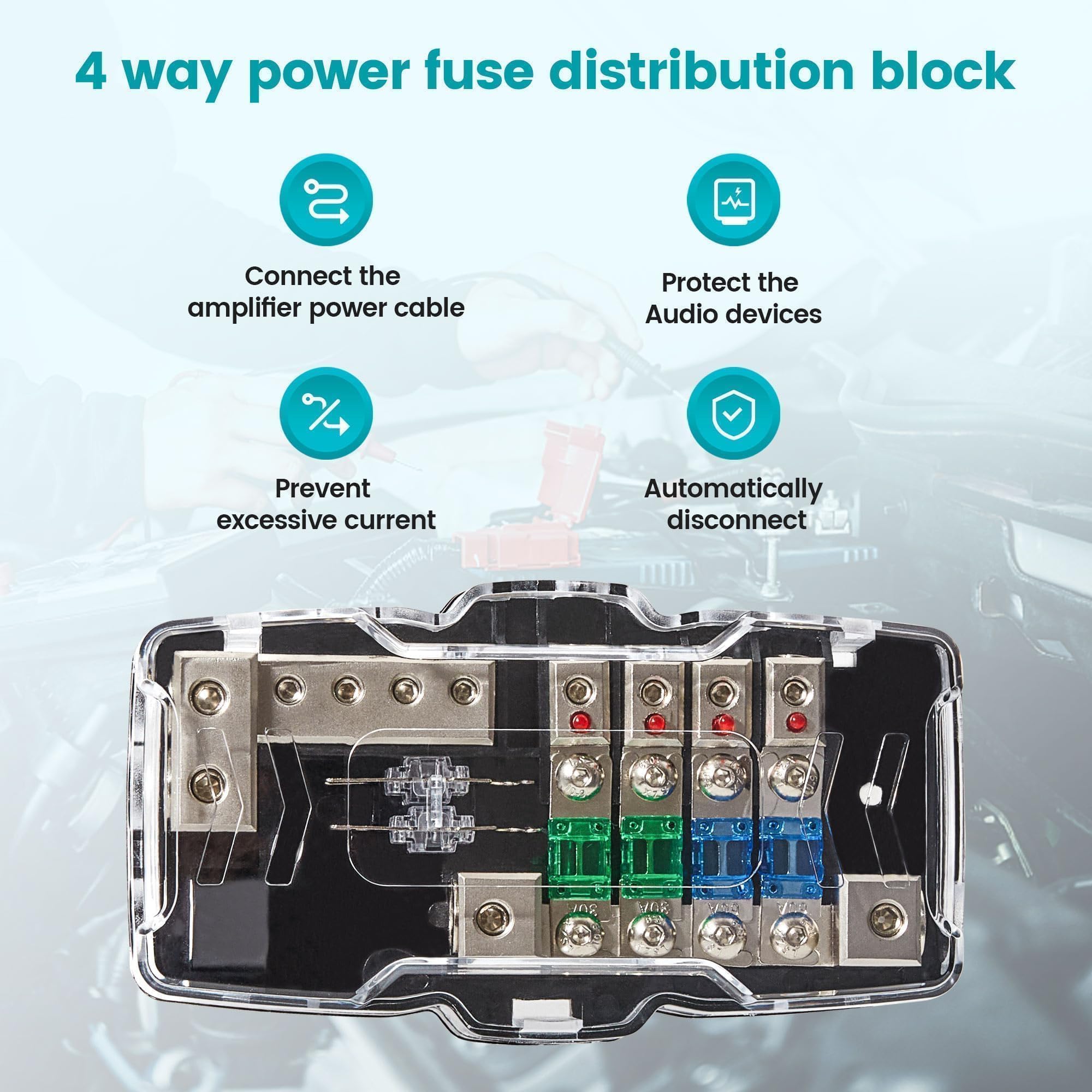 NuIth 150 AMP Car Protection Stereo Switch Fuse + 2 Way in 4 Way Out Fused Distribution Block with Red LED Indicator