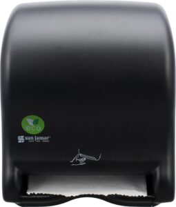 san jamar ecologic smart essence recycled plastic electronic paper towel dispenser, universal roll capacity, wall mounted dispenser with zero waste for home and business universal, black