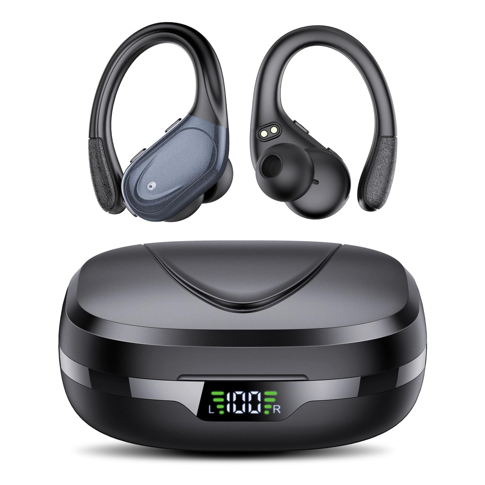 Ear buds Wireless Earbuds Bluetooth 5.3 Headphones 60hrs Playtime with Digital Display Sports Wireless Headphones with Earhook Deep Bass IPX7 Waterproof Over-Ear Earbuds for Android iOS Workout Black