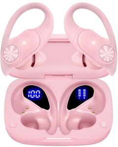 bluetooth headphones wireless earbuds 80hrs playtime wireless charging case digital display sports ear buds with earhook premium deep bass ipx7 waterproof over-ear earphones for tv phone laptop pink