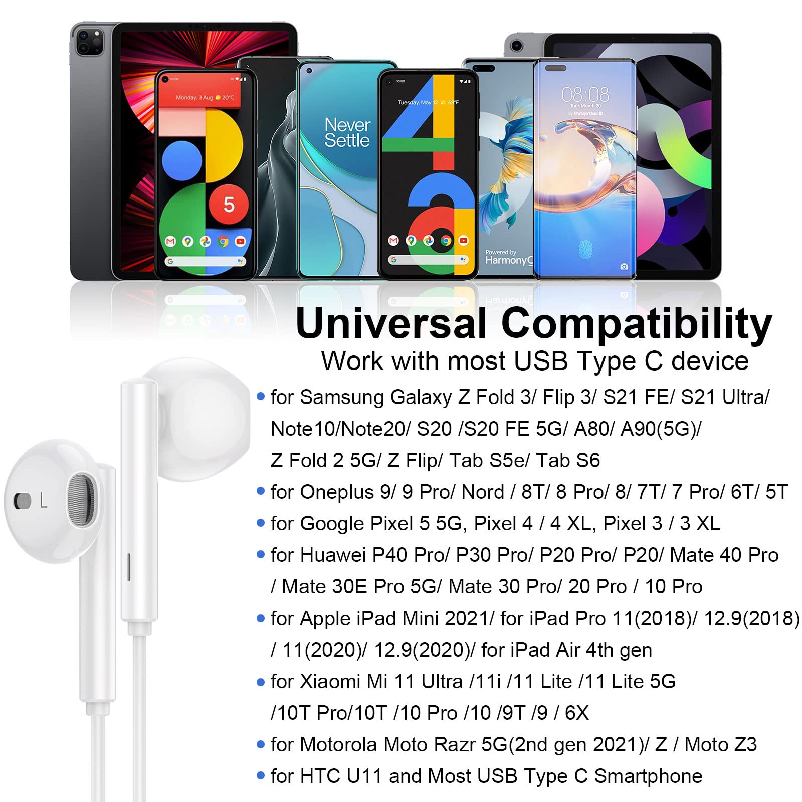 USB C Earbuds Wired Headphones for iPhone 15 Plus Samsung S24 S23 S22 A55 A54, USB Type C Earbuds with Micriphone Hi-fi DAC Volume Control for iPad Pro Air Galaxy Z Flip Fold 5 Pixel 8 7 6 OnePlus 12