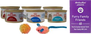 royal canin cat food 3 flavor 6 can sampler, (2) each: urinary care slices in gravy, indoor morsels in gravy, adult instinctive loaf (3 ounces) - plus 2 catnip toys and fun facts booklet bundle