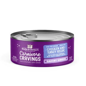 stella & chewy’s carnivore cravings savory shreds cans – grain free, protein rich wet cat food – cage-free chicken & turkey recipe – (2.8 ounce cans, case of 12)