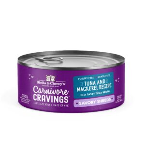 stella & chewy’s carnivore cravings savory shreds cans – grain free, protein rich wet cat food – wild-caught tuna & mackerel recipe – (2.8 ounce cans, case of 12)