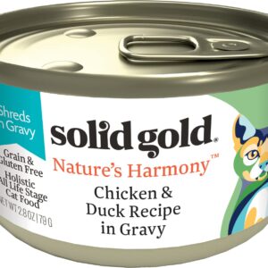 Solid Gold Canned Cat Food - Nature's Harmony Wet Cat Food Shreds in Gravy - Grain & Gluten Free Cat Wet Food Made with Real Chicken & Duck for Sensitive Stomach Support & Digestive Health - 24 Pack