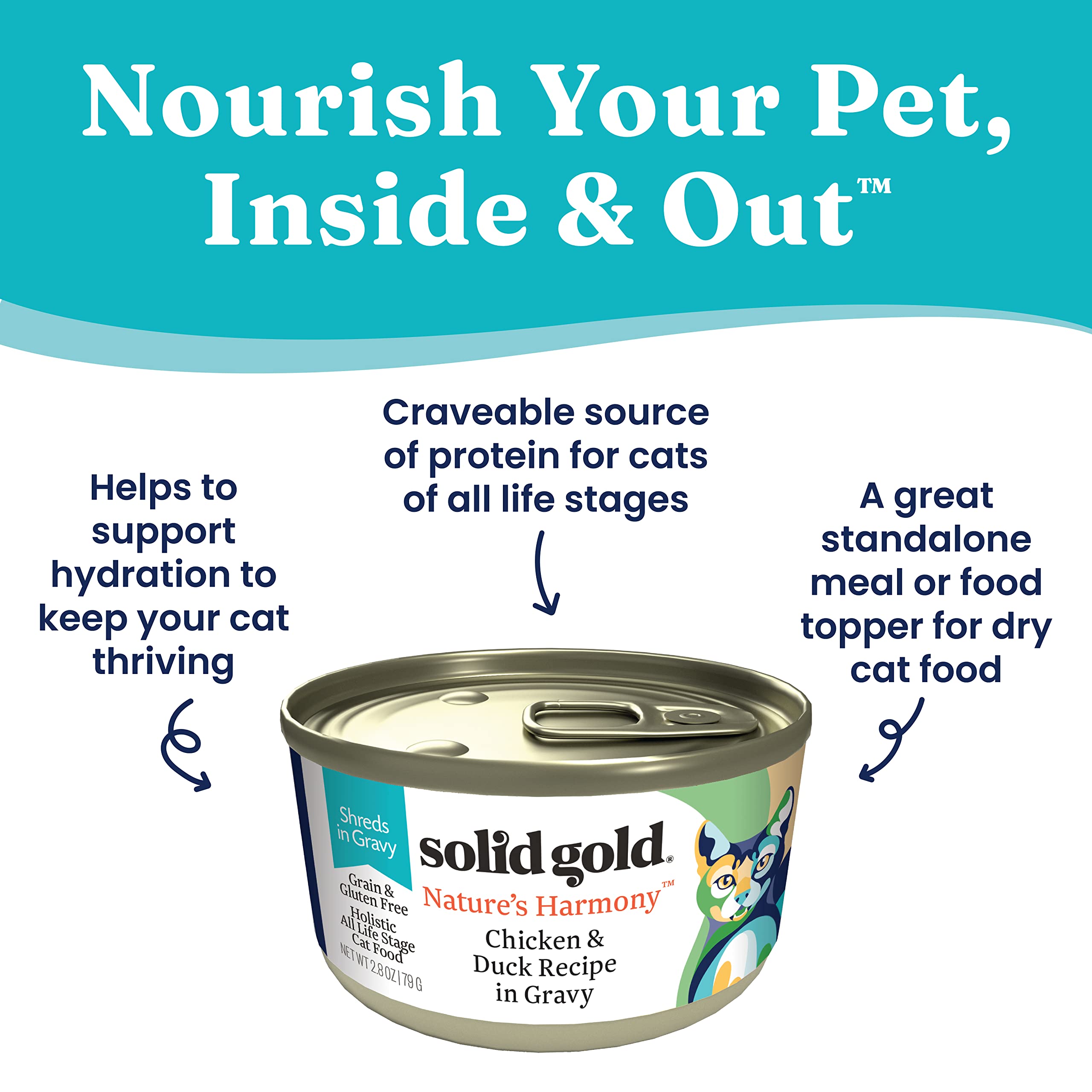 Solid Gold Canned Cat Food - Nature's Harmony Wet Cat Food Shreds in Gravy - Grain & Gluten Free Cat Wet Food Made with Real Chicken & Duck for Sensitive Stomach Support & Digestive Health - 24 Pack