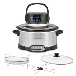 hamilton beach 6 quart programmable slow cooker with flexible easy programming, 5 cooking times, air fry lid with 4 settings, dishwasher-safe crock, silver (33061)