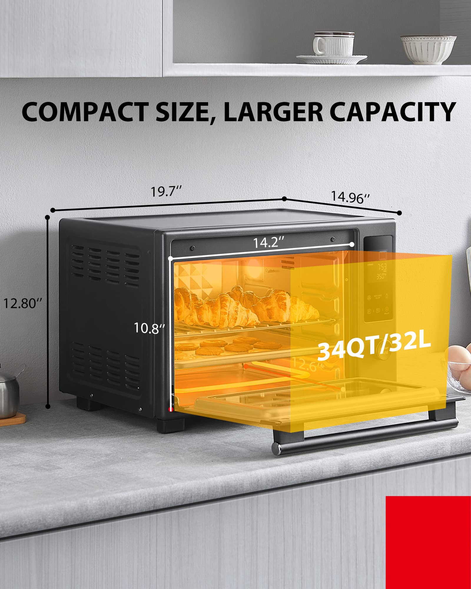 TOSHIBA Hot Air Convection Toaster Oven, Extra Large 34QT/32L, 9-in-1 Cooking Functions, Crispy Grill, Dehydrate, Rotisserie, 6 Accessories Included, 1650W, Black Stainless Steel