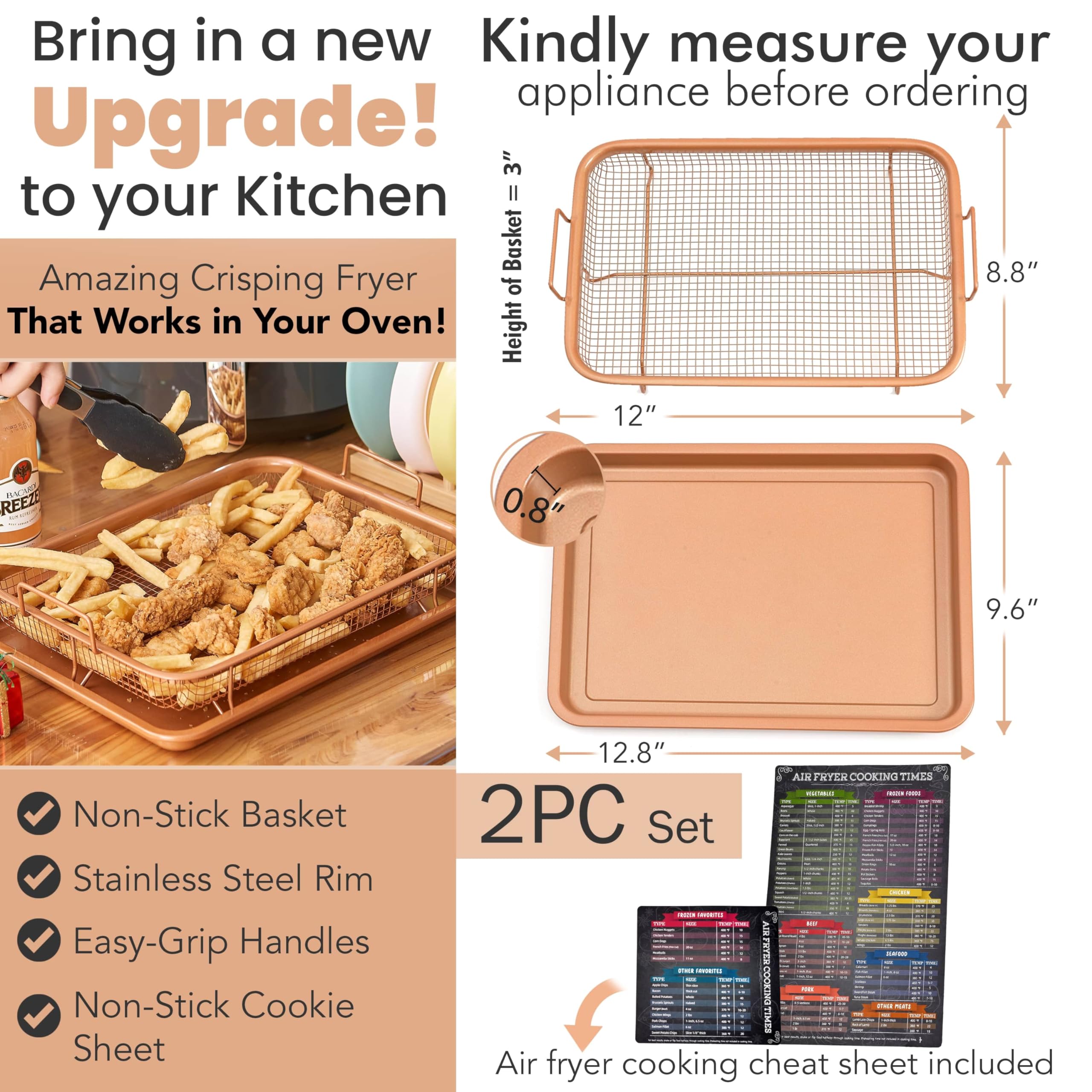 Air Fryer Basket For Oven | 12.8"x9.65" Nonstick Rack & Crisper Tray w/Cheat Sheet Included - Stainless Steel Mesh Frying Basket & Pan for Full Size Oven - Dishwasher Safe 2PC Set for Convection Oven